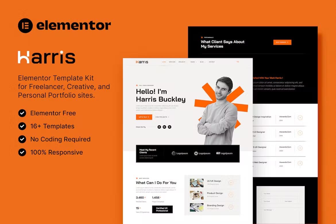 Harris - Template Kit Elementor de Portfólio criativo e pessoal - Pluginthemebr - Wordpress ...