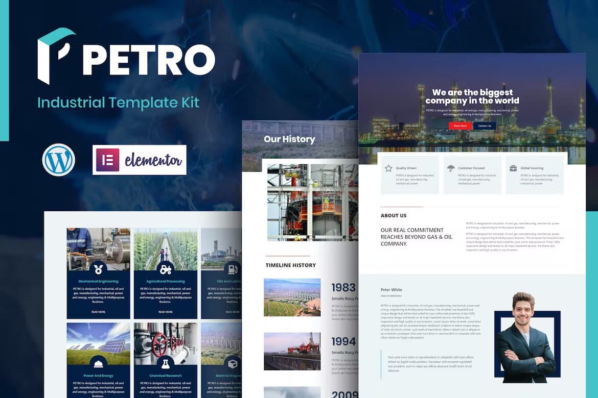 Petro - Template Kit Industrial Elementor - Pluginthemebr - Wordpress plugins e temas