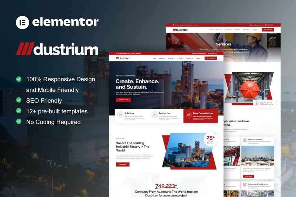 Dustrium - Kit de modelo Elementor Pro industrial e de manufatura - Pluginthemebr - Wordpress ...
