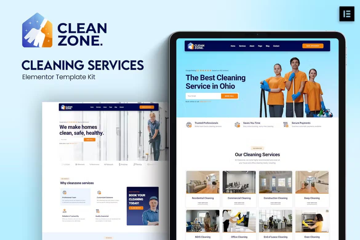 Cleanzone - Cleaning Services Elementor Template Kit - Pluginthemebr - Wordpress plugins e temas