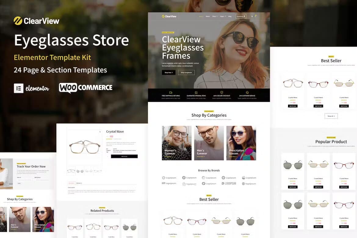 ClearView - Kit de modelos WooCommerce Elementor para loja de óculos e ...