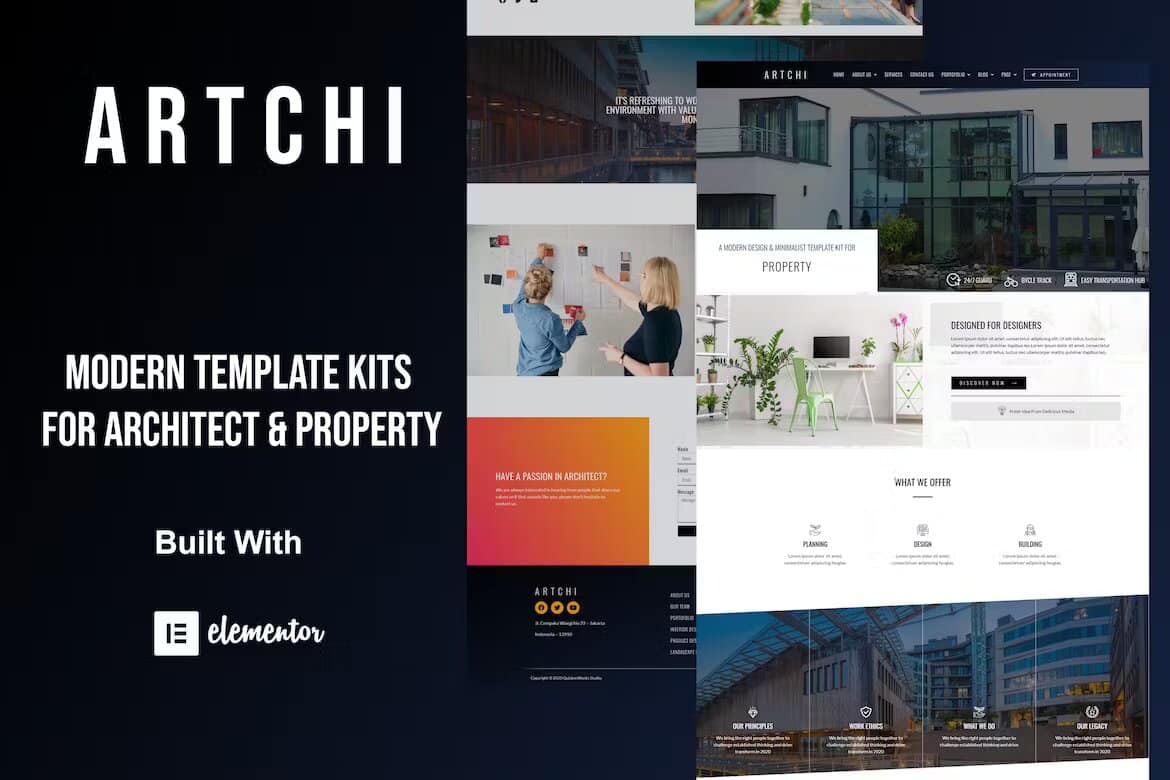 Artchi - Template Kit Elementor de arquitetura moderna - Pluginthemebr - Wordpress plugins e temas