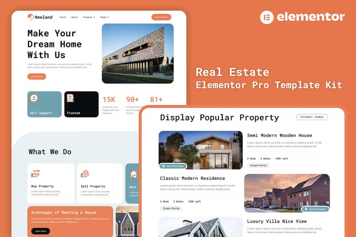 Newland - Kit de modelo Elementor Pro imobiliário - Pluginthemebr - Wordpress plugins e temas