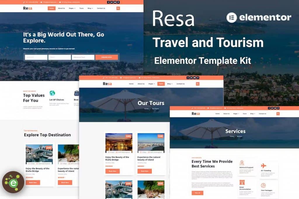 Resa - Template Kit Elementor de viagens e turismo - Pluginthemebr - Wordpress plugins e temas