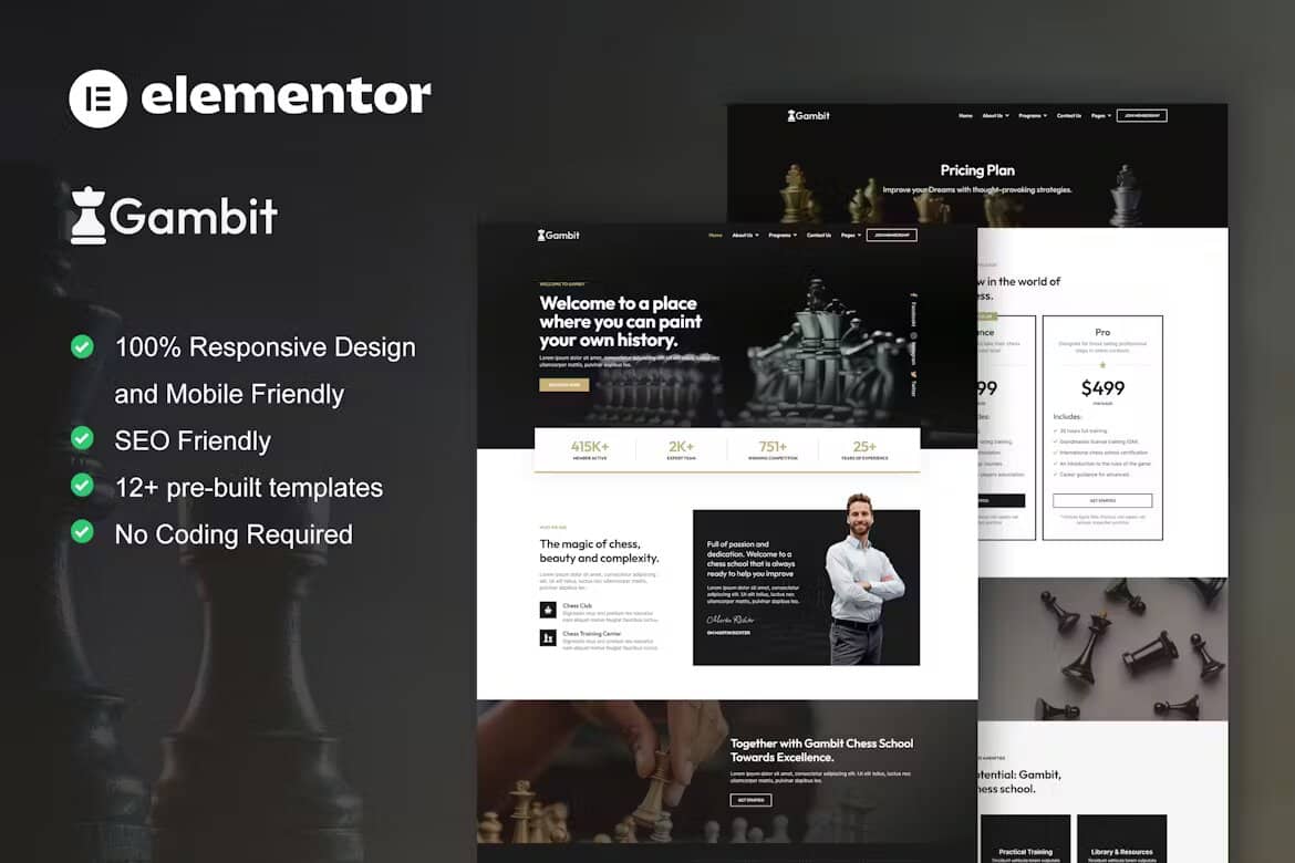 Gambit - Kit de Modelos Elementor de Cursos e Treinamento de Clubes de Xadrez - Pluginthemebr ...