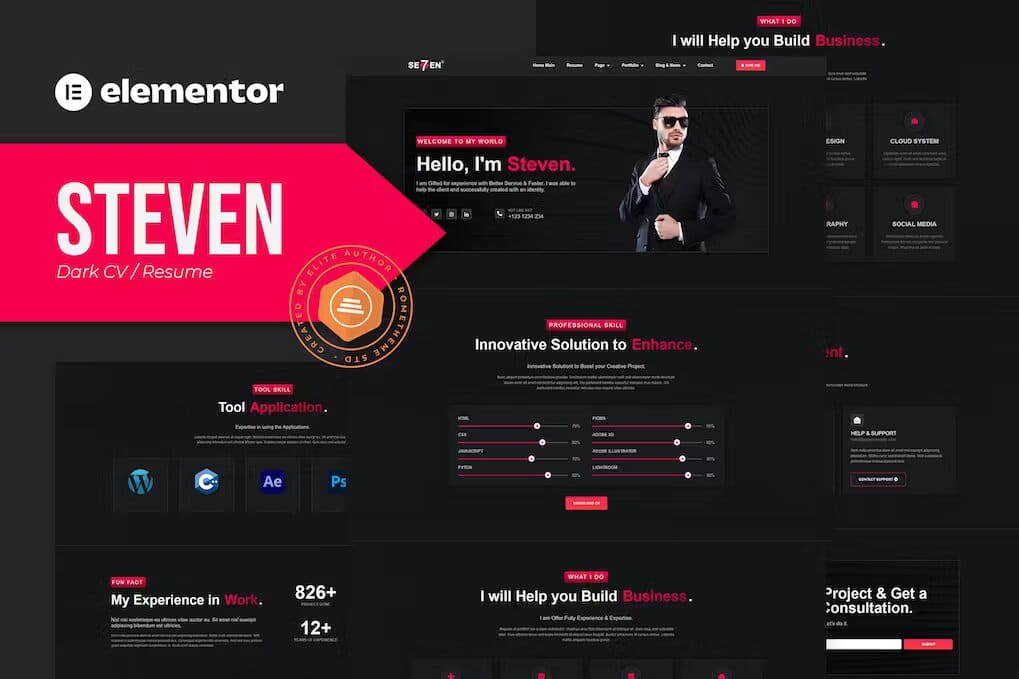 Steven - Template Kit de currículo de Portfólio Dark CV Elementor ...