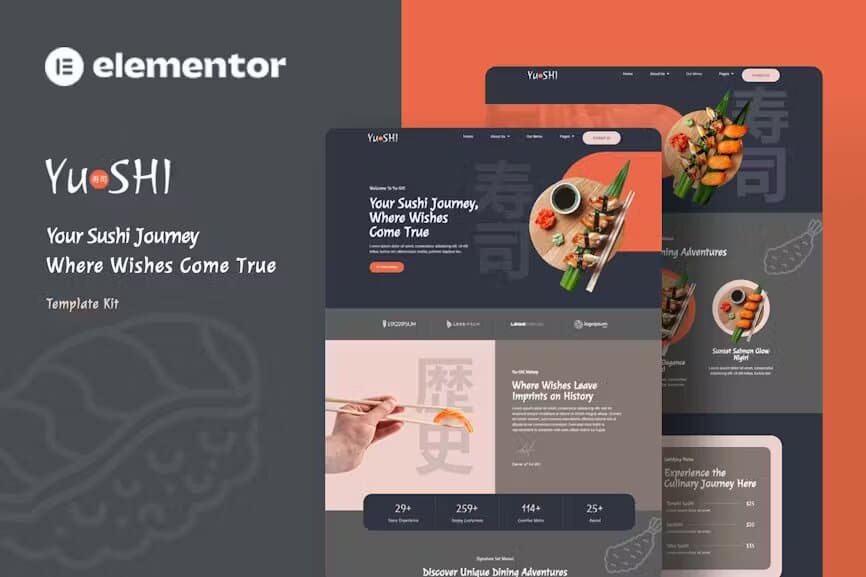Yushi - Kit de Modelos Sushi Food Elementor - Pluginthemebr - Wordpress plugins e temas