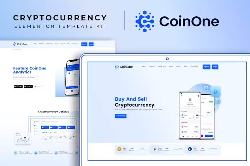 CoinOne - Template Kit de criptomoeda Elementor - Pluginthemebr - Wordpress plugins e temas