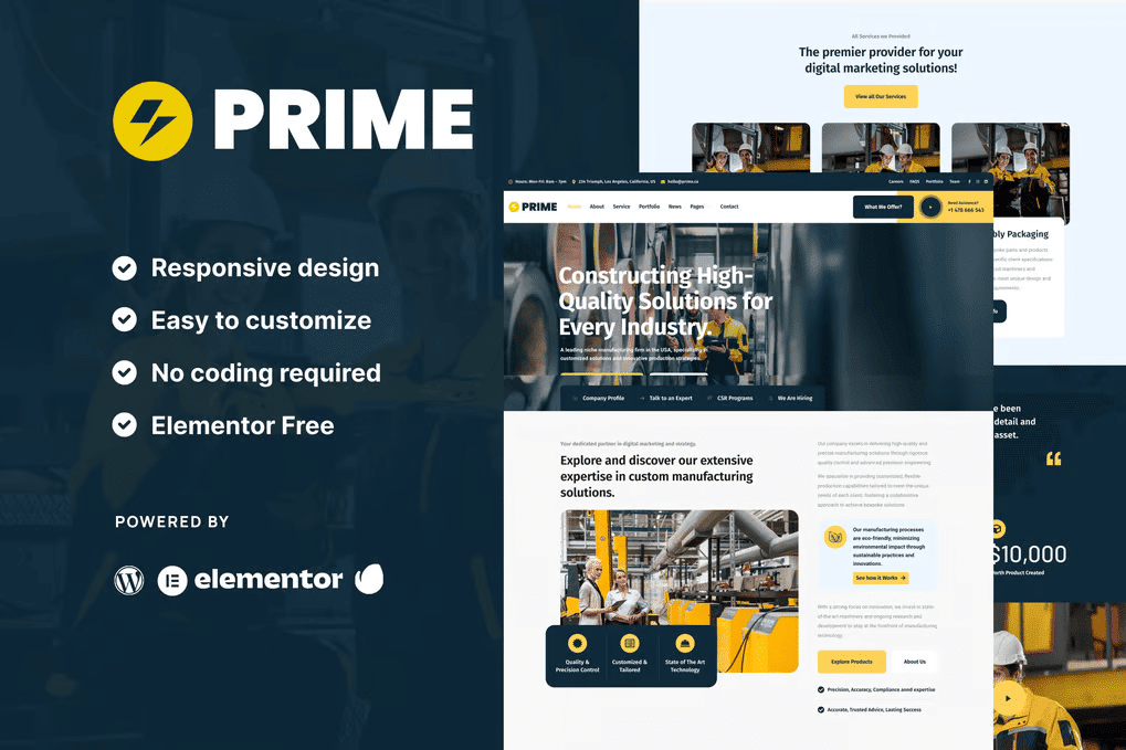 Prime - Kit de modelos Elementor industrial e de manufatura - Pluginthemebr - Wordpress plugins ...